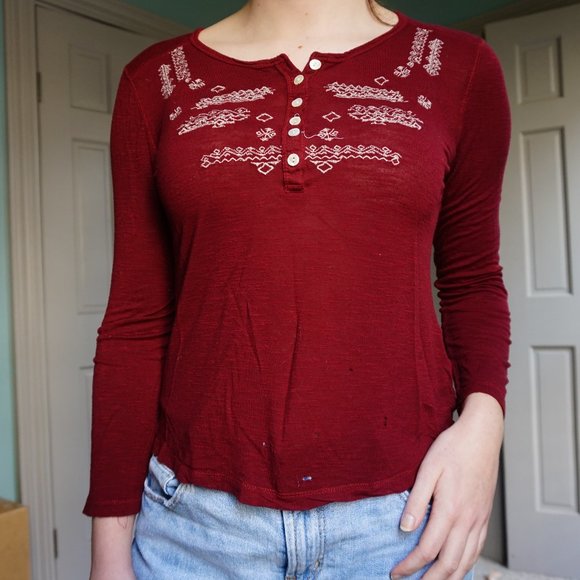 Tops | Red Embroidered Henley Long Sleeve | Poshmark